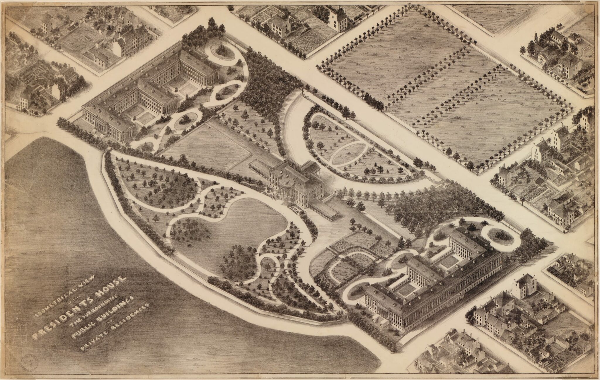 An Isometrical View of the White House and Surrounding Area in the 1850s
