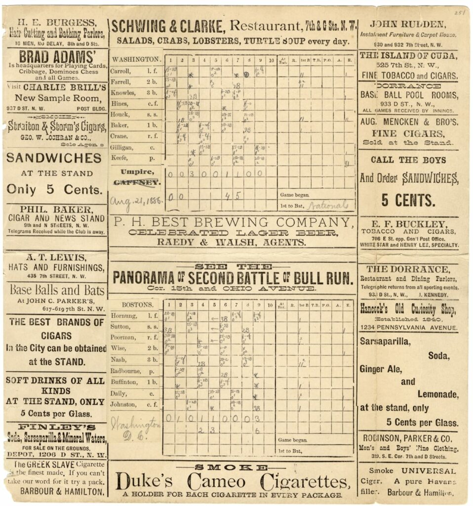 Exploring the 1886 Washington Nationals Baseball Season Through Scorecards